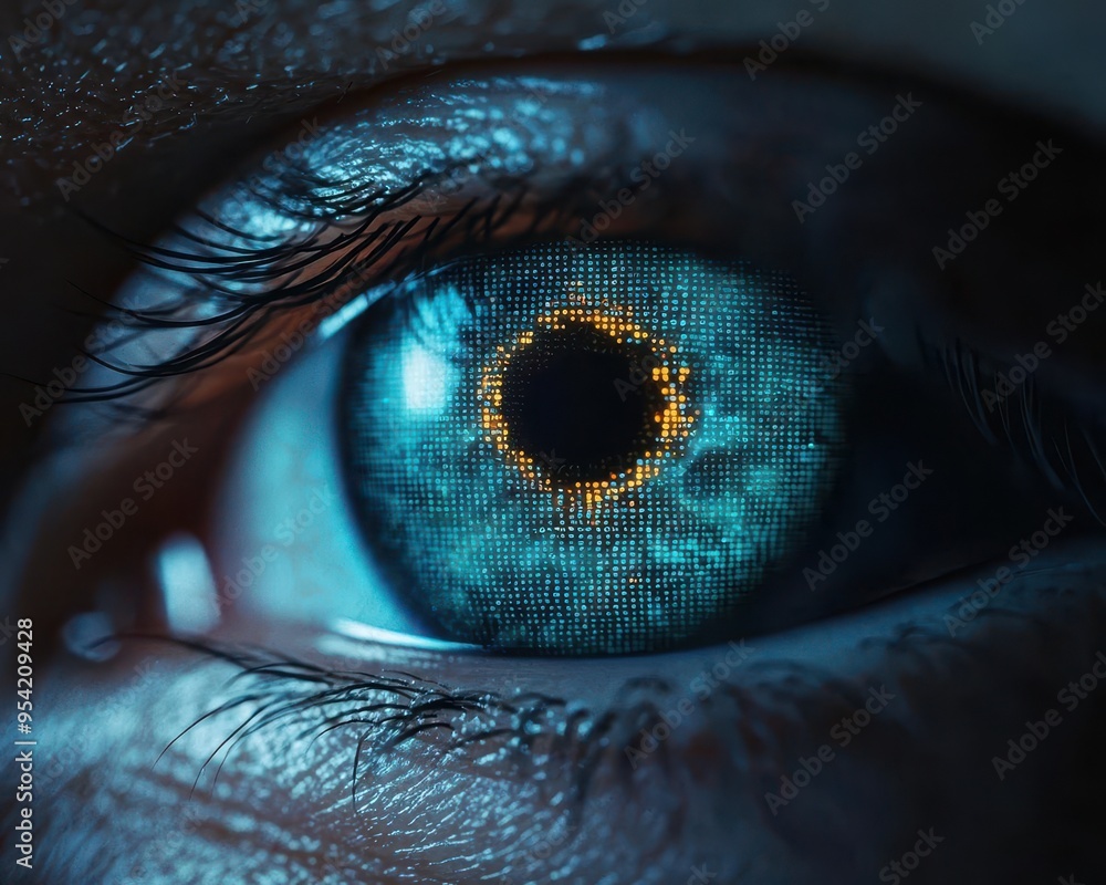 Close-up of an eye with a digital biometric scanner overlay, glowing ...