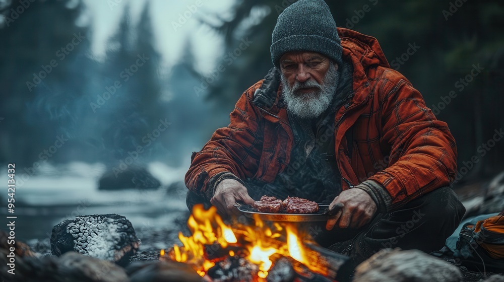 rugged outdoorsman cooking over open campfire in misty forest clearing ...
