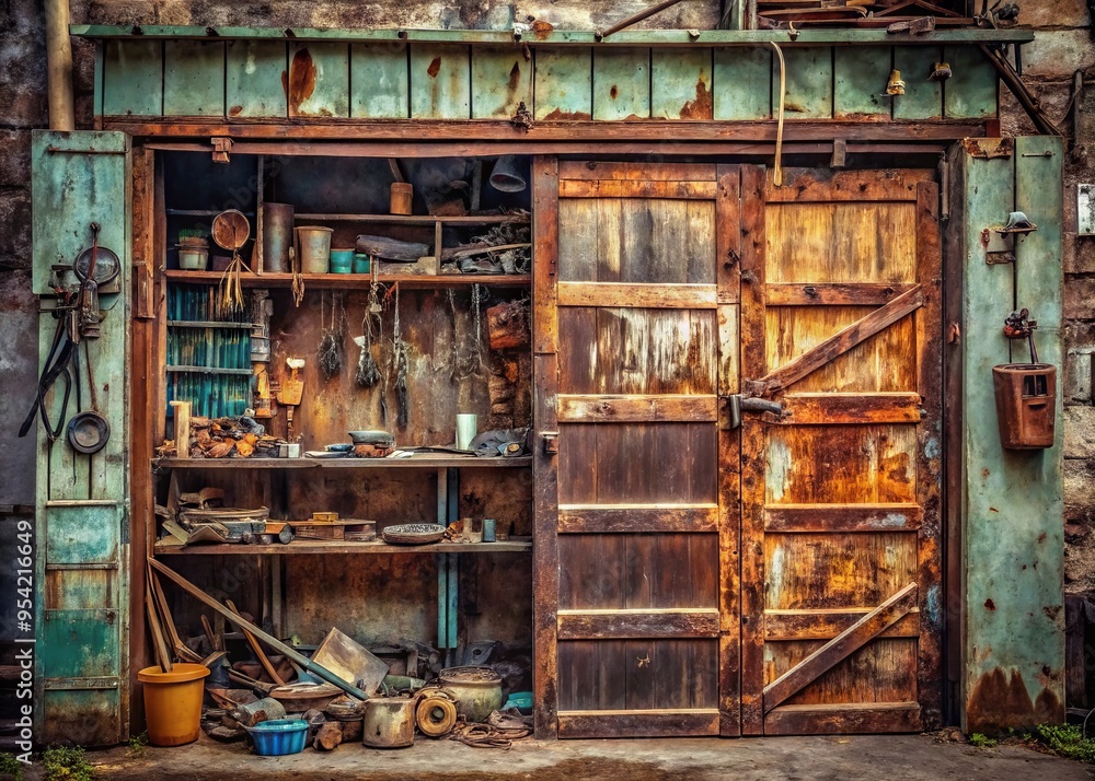 Rusty old metal garage door with worn wooden frame and peeling paint ...
