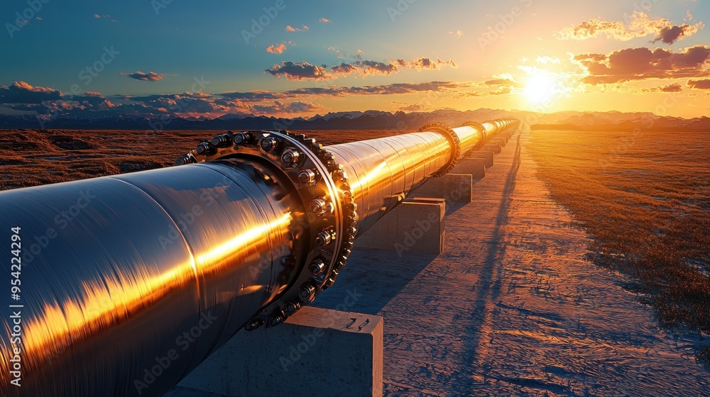 A sleek, new main pipeline stretches across a flat, open plain under a ...