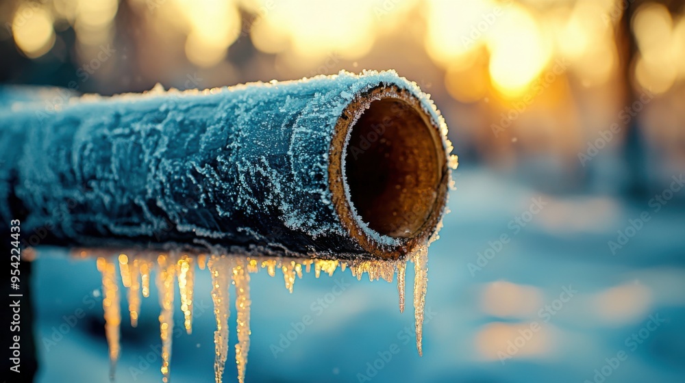 A close-up of a frozen PVC pipe covered in frost and ice, showcasing ...
