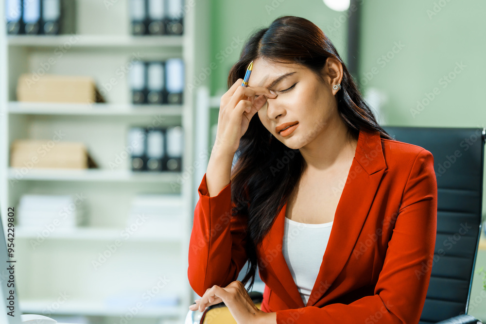 Headache, migraine young Asian businesswoman in a formal suit ...