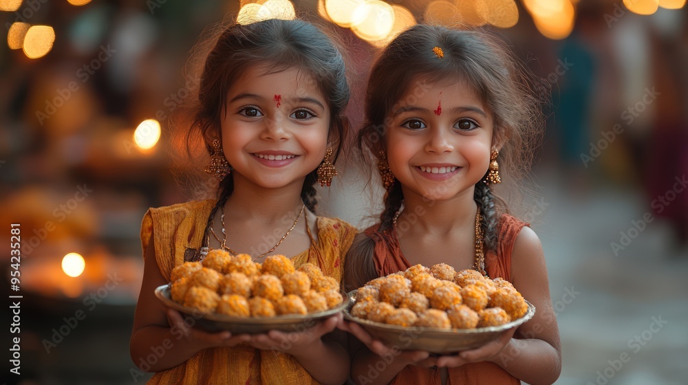 Two young Indian girls smiling, holding plates of traditional sweets ...