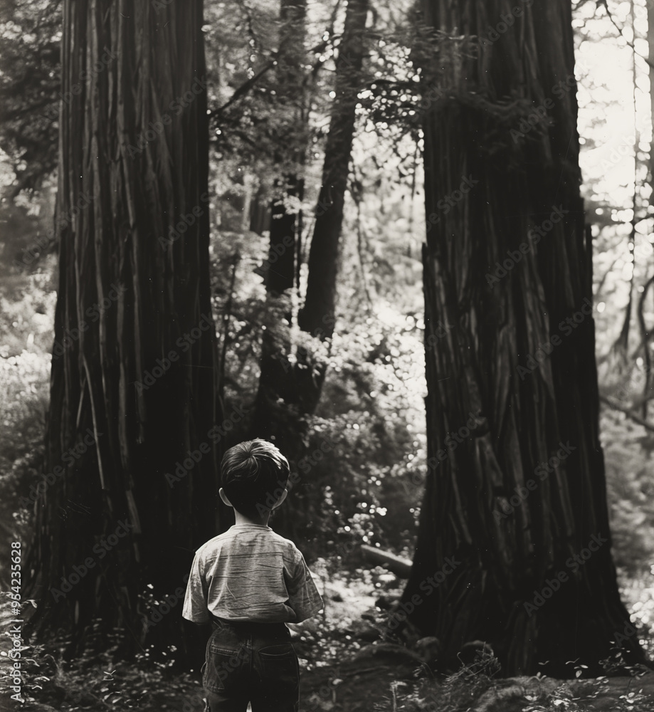 Young boy outdoors in forest looking up at giant Redwood trees. Stock ...