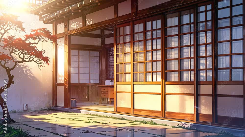 A traditional Japanese home with wooden sliding doors, a patio with a ...