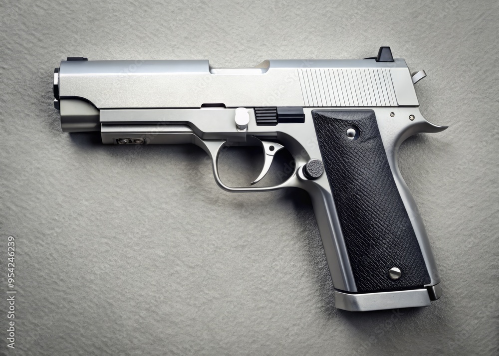 Sleek silver semi-automatic pistol with textured grip and black slide ...