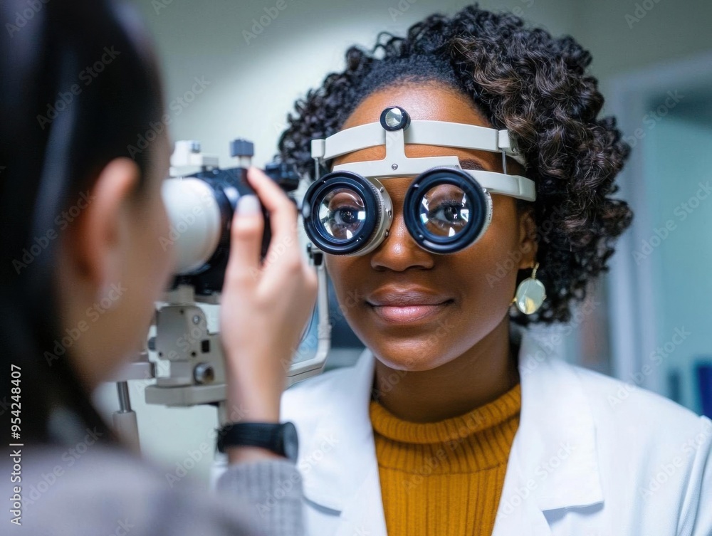 female optometrist conducting eye exam patient reading eye chart with ...