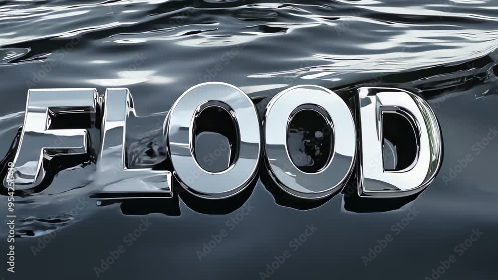 3D flood text submerged in dark rippling floodwater, Climate change ...