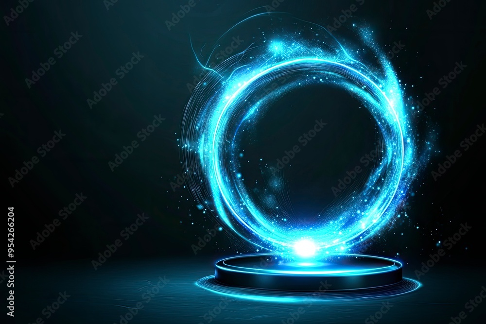 Portal light effect on a dark background. Light bright blue swirl ...