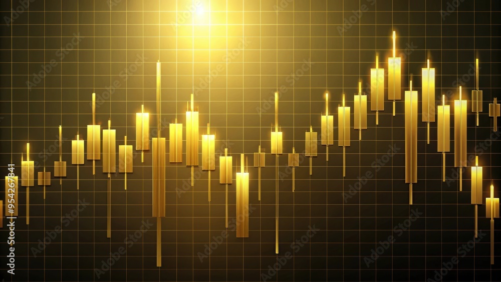 Golden trading chart with candlestick patterns and indicators, trading ...