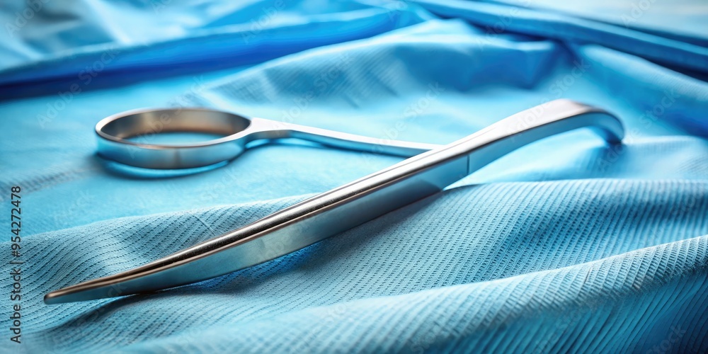 Surgical instrument with a curved blade and ergonomic grip, lying on a ...