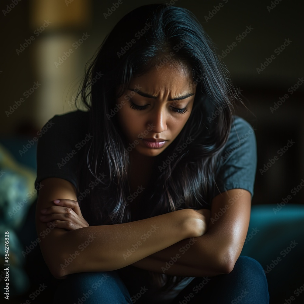Sad depressed Indian female sitting in her living room, depression and ...