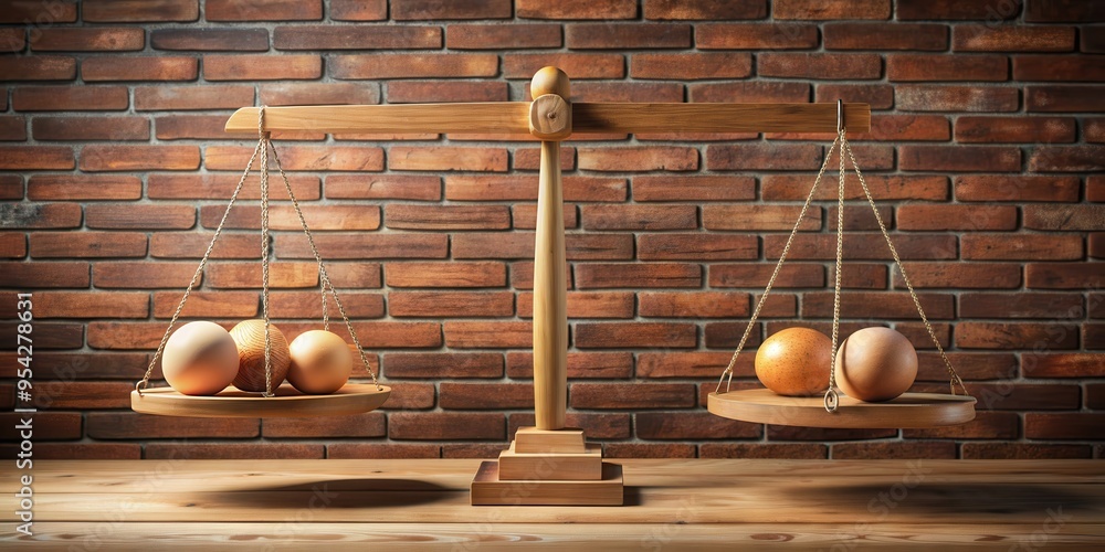 Wooden scale with large ball and four small balls representing risk ...