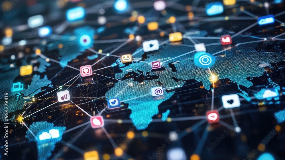 Digital world map with social media icons connected by lines, representing virtual social ...