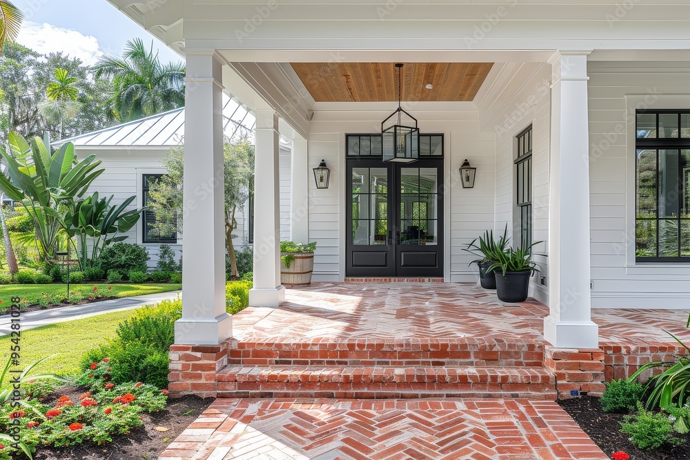 White farmhouse front porch with black steel door, red brick ...