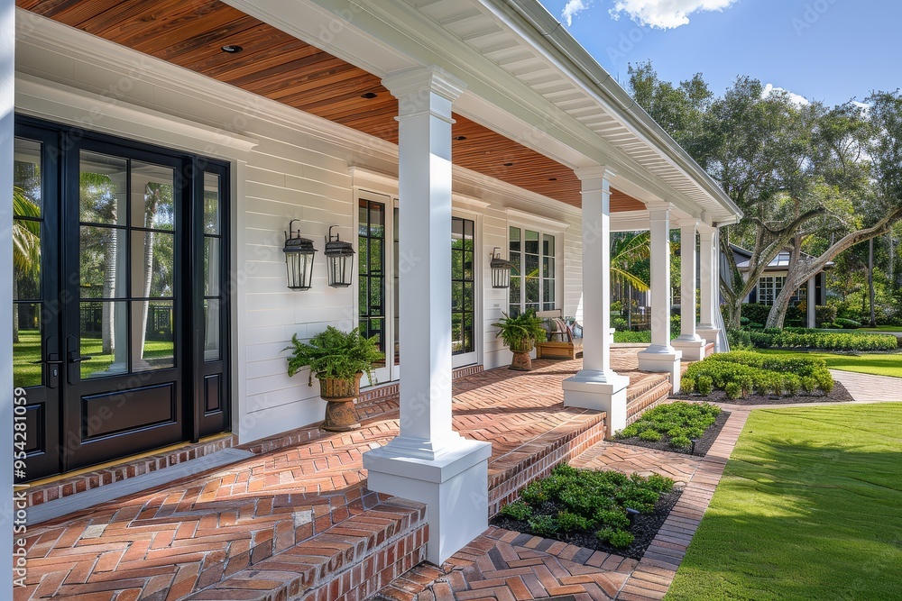 White farmhouse front porch with black steel door, red brick ...