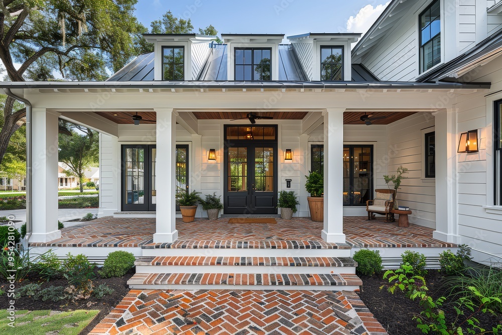 White farmhouse front porch with black steel door, red brick ...