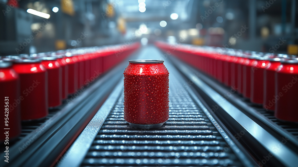 Red canned drinks factory with soda cans on the belt conveyor during ...