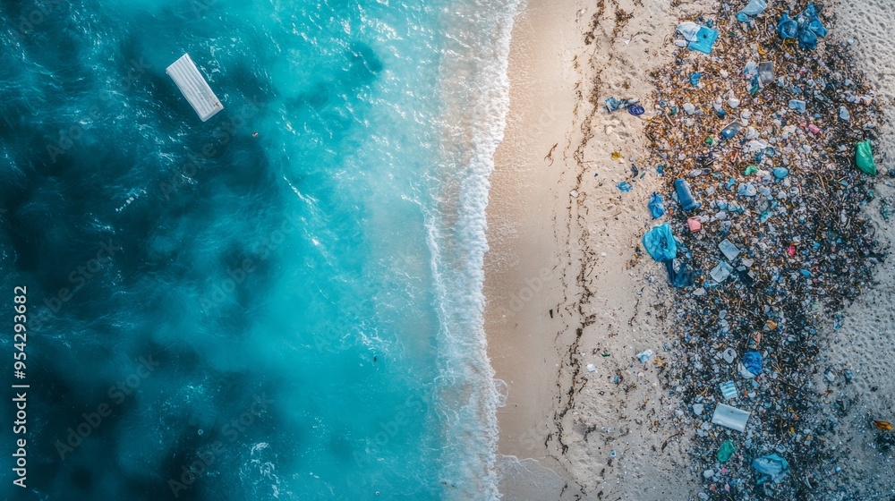 Aerial view of pristine beach with clear blue water next to a polluted ...