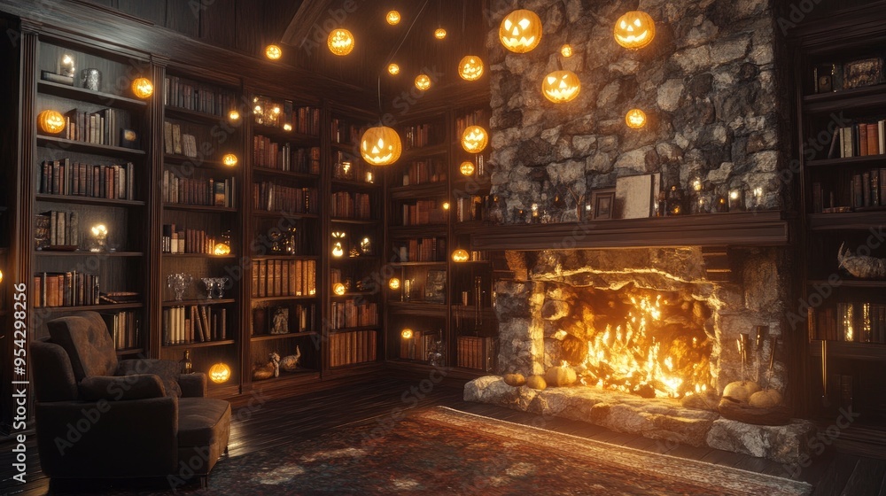 Rustic study with a stone fireplace and built-in bookshelves, its decor ...