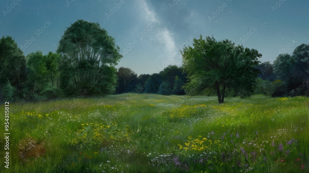Starry Night Over a Meadow: A peaceful meadow under a clear night sky ...