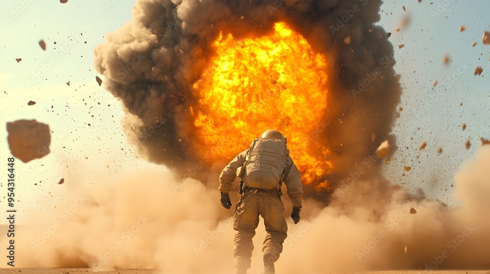 Stuntman Executing Controlled Explosion in Movie Action Scene with Crew ...
