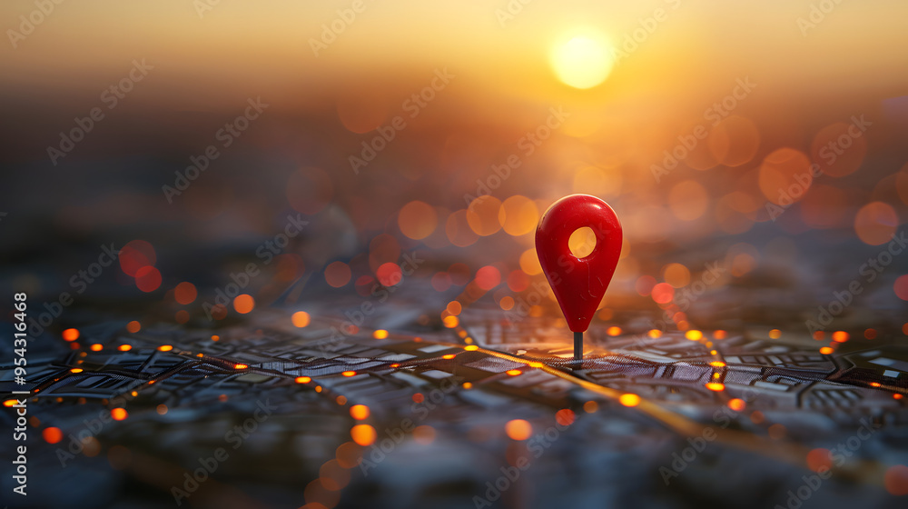 A red location pin is prominently placed on a detailed map, symbolizing ...