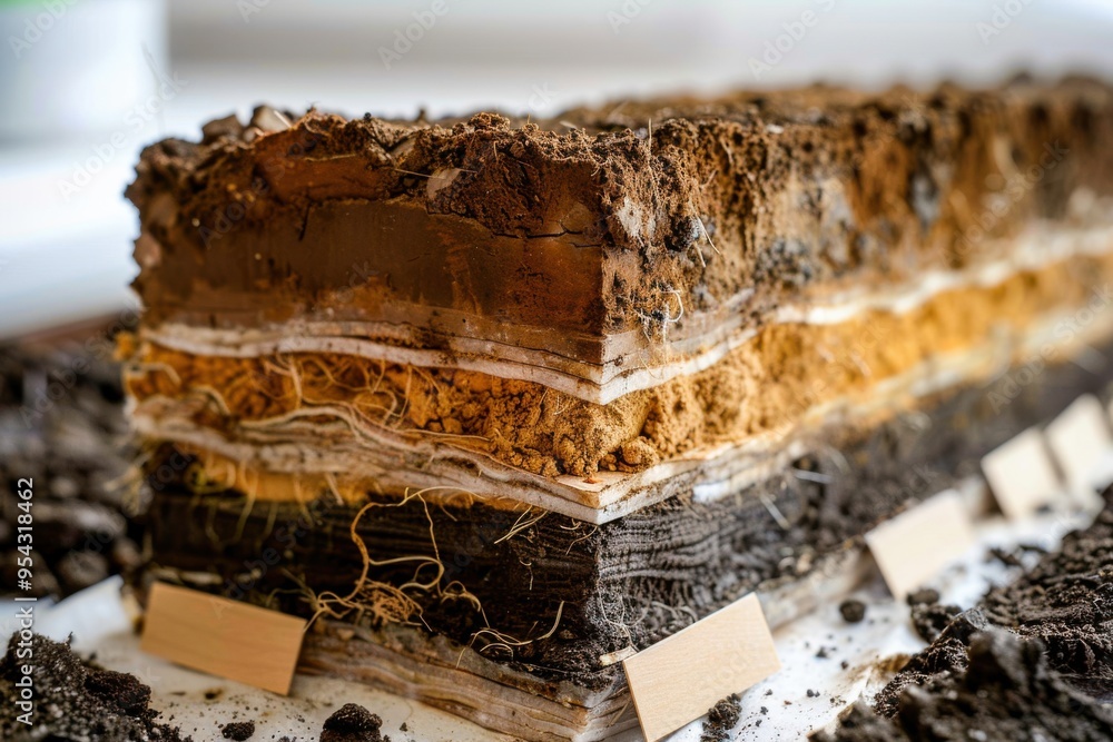 A detailed shot of a soil core sample, showing distinct layers of soil ...