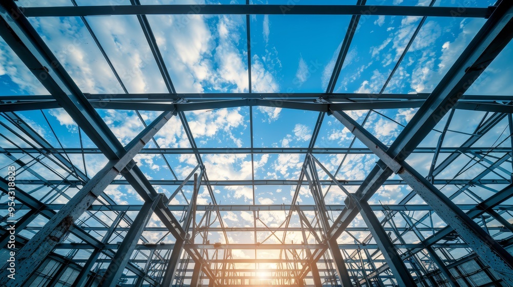 Steel roof truss framework at construction site beneath a stunning sky ...