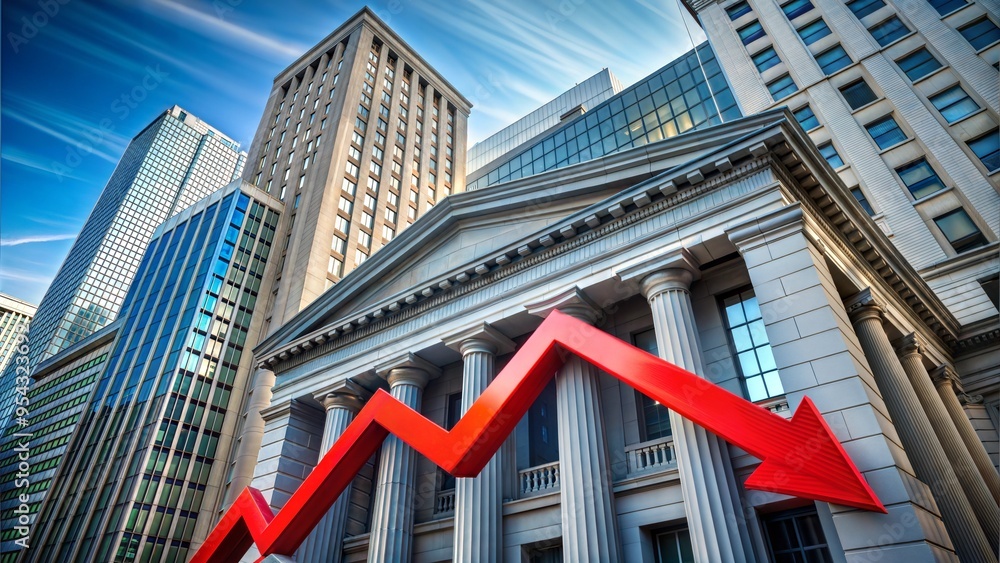 Bank building with a large red arrow pointing downward, indicating ...