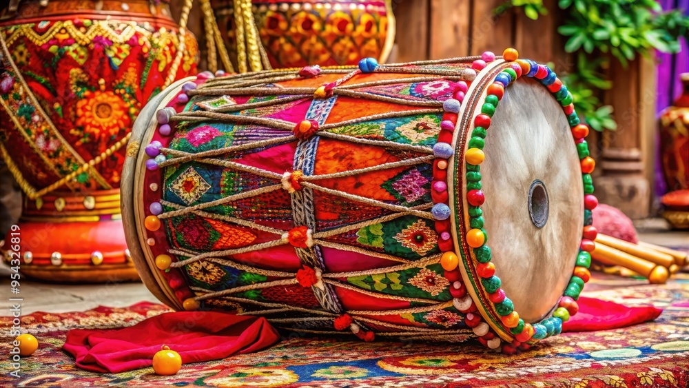 Vibrant colors and intricate carvings adorn a traditional Indian dholak ...