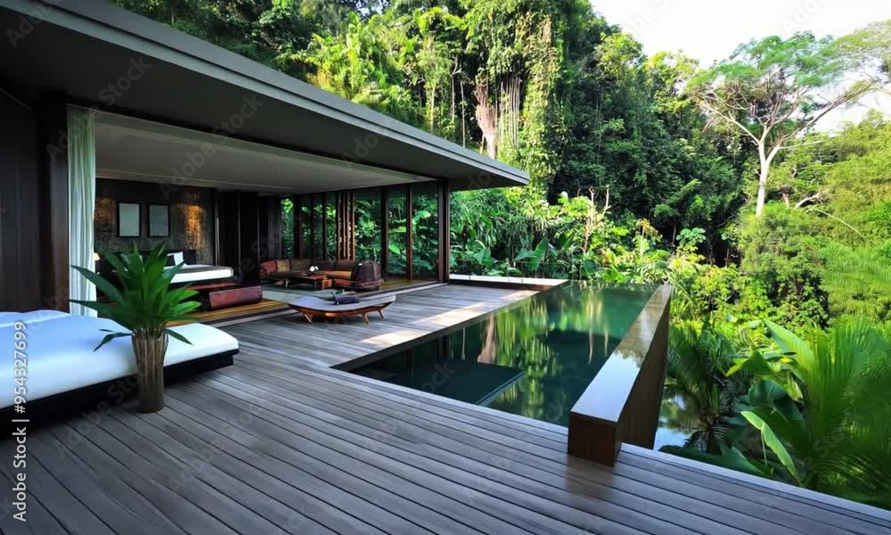 A luxurious open-air villa with a spacious wooden deck overlooking lush ...