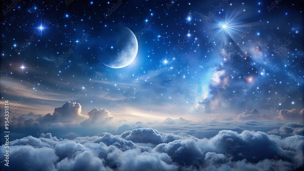 Ethereal night sky with silvery stars, lunar cycles, wispy clouds, and ...