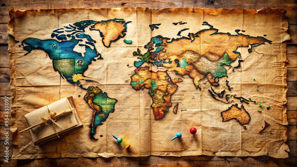 Vintage world map with colorful pushpin marking specific location ...