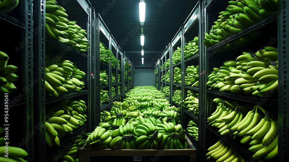 Banana Storage Warehouse Green Bananas in Stacks on Shelves Stock Photo ...