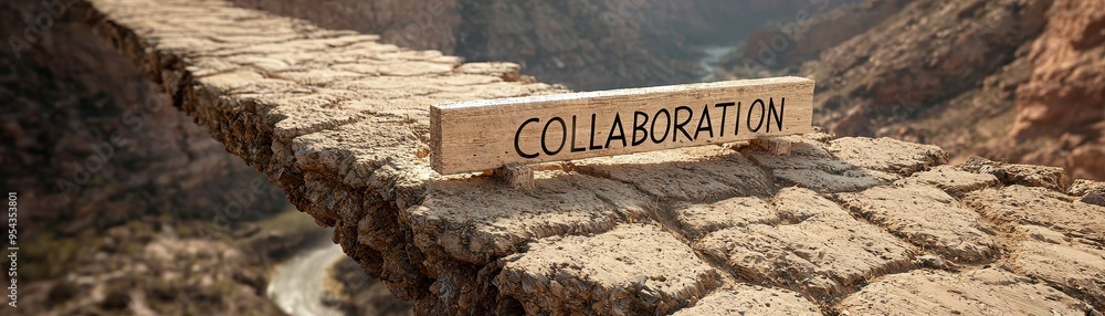 Wooden sign with text collaboration placed on a stone bridge ...