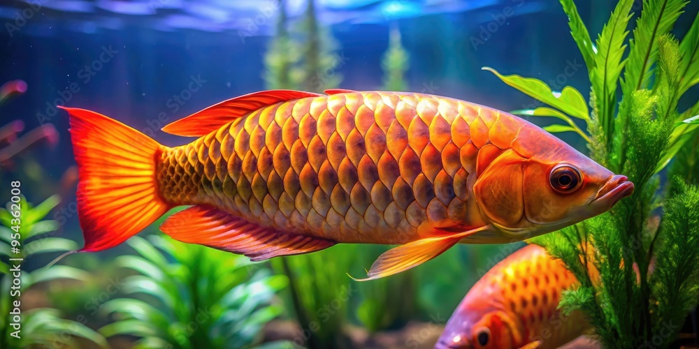 Vibrant orange arowana fish, also known as dragonfish, swim near water ...