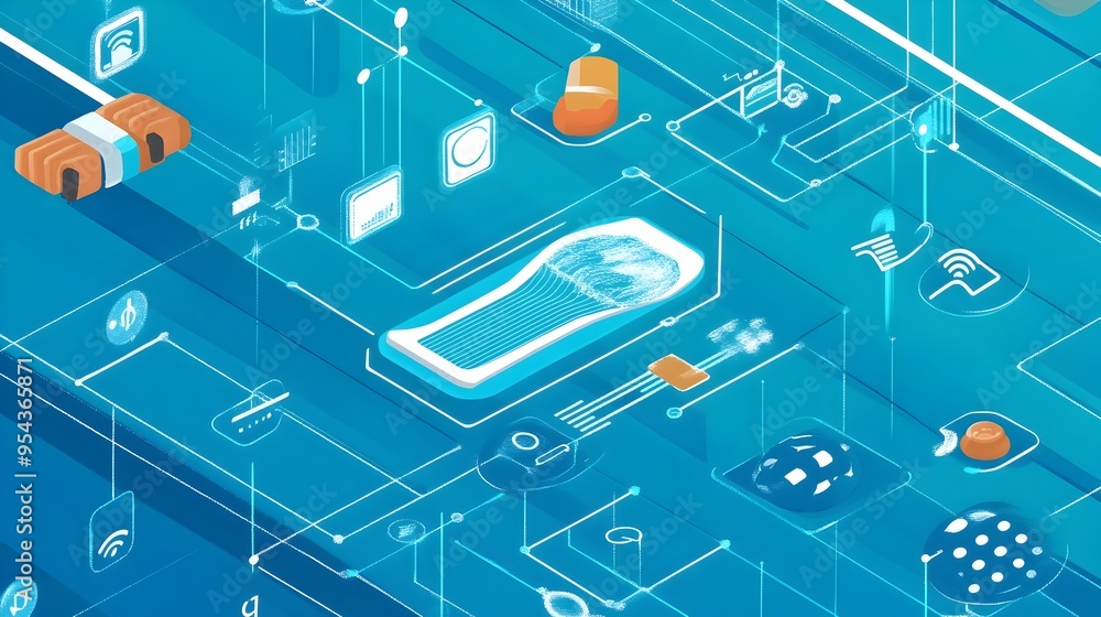 Innovative graphic illustrating the of the Internet of Things IoT with swimming equipment and ...