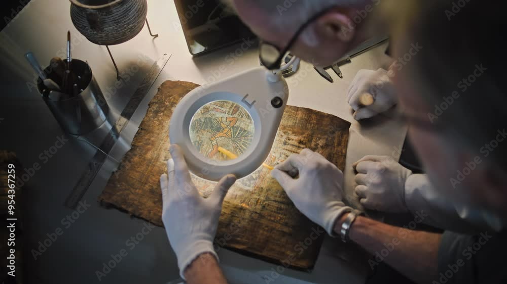 Two archaeologists look through magnifying lamp, study ancient Egyptian ...