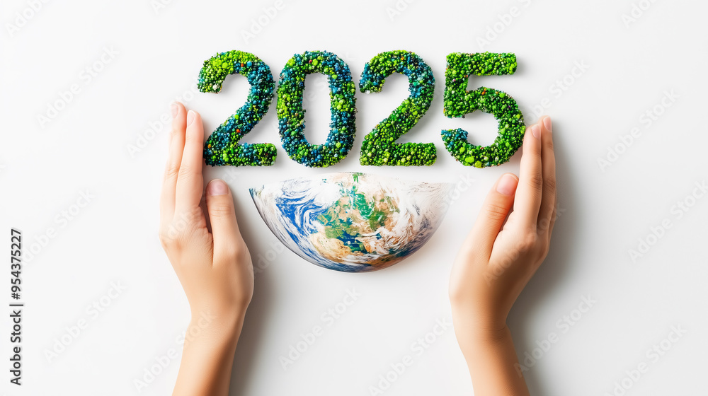 The year 2025 is formed with green foliage, representing a future of ...