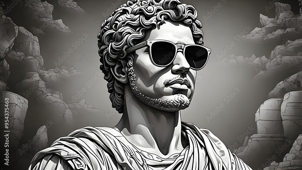 An ancient statue reimagined with contemporary sunglasses, illustrated ...