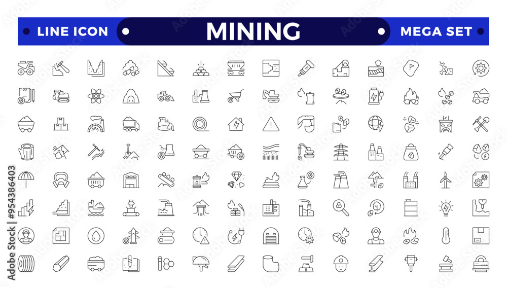 Mining icon set. Containing minerals, gold, pickaxe, miner, excavator ...