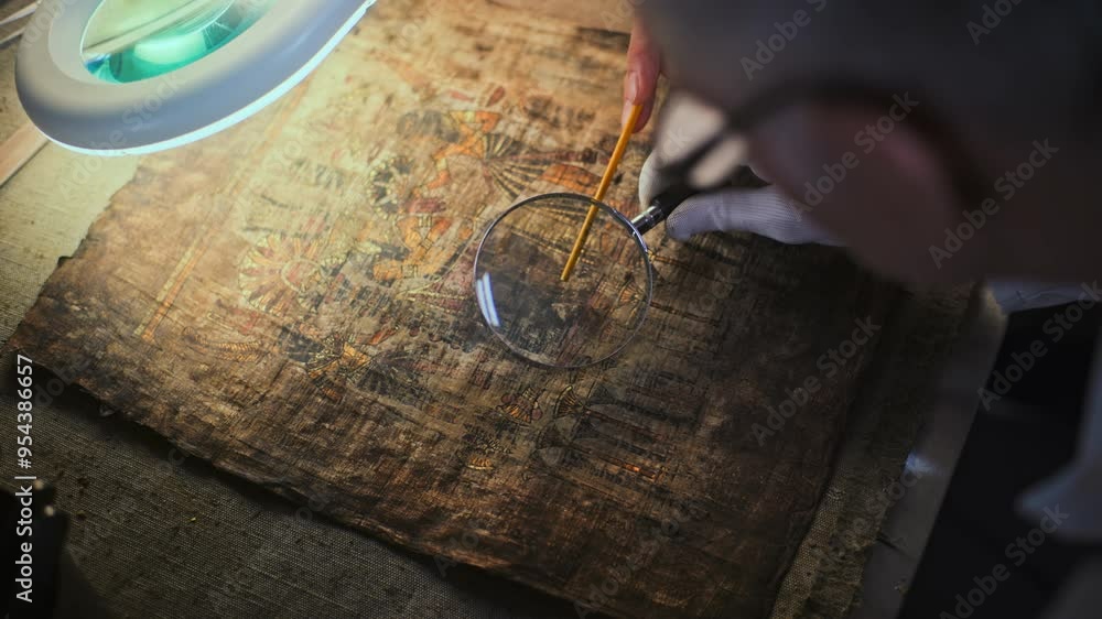 Senior archaeologist studies ancient Egyptian papyrus with colleague ...
