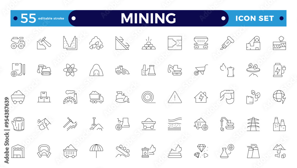 Mining icon set. Containing minerals, gold, pickaxe, miner, excavator ...