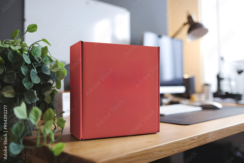An empty red color gift box mockup is kept in an office desk Stock ...