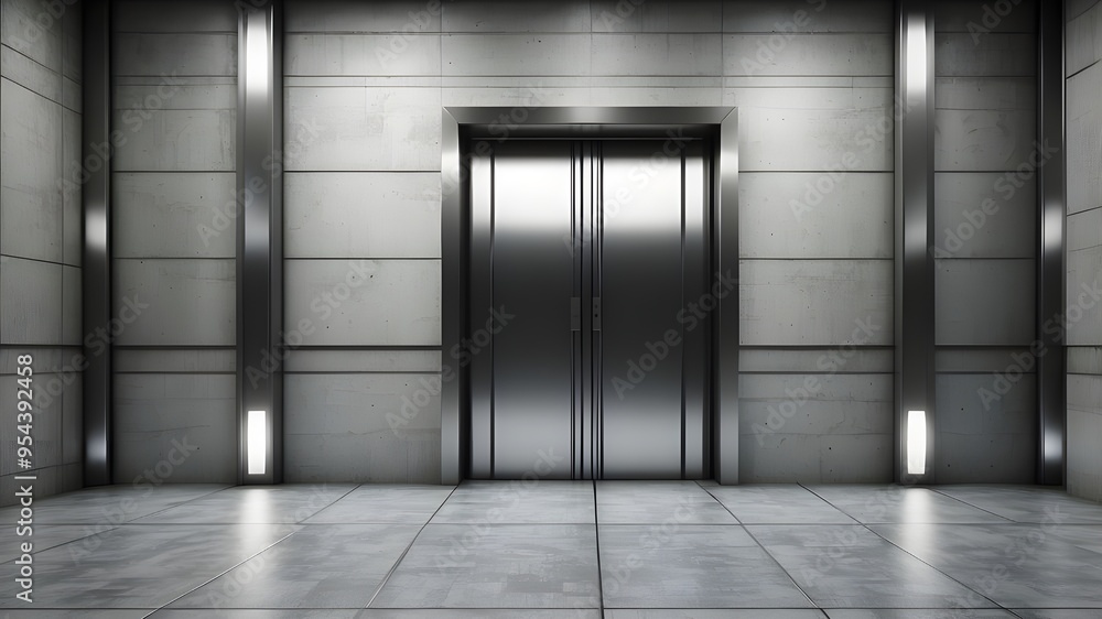 Elevator front view with white blank wall, concrete floor, and metal ...