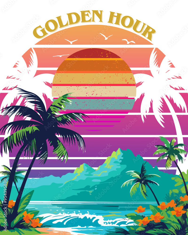 Golden Hour Paradise. A retro-inspired design captures the magical glow ...