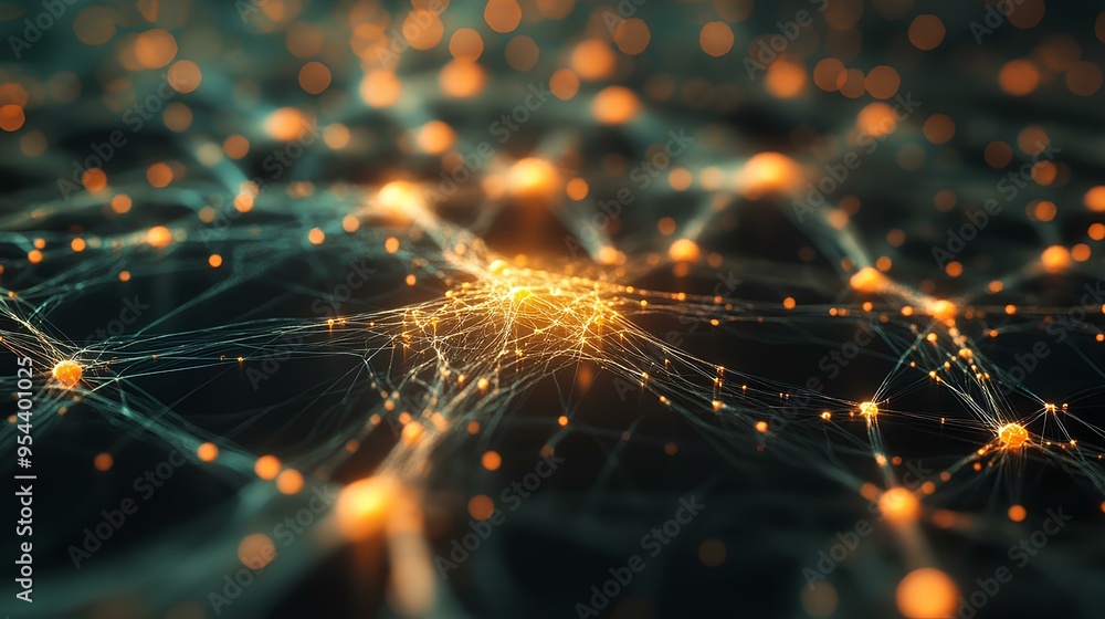 Abstract representation of a neural network, with glowing synapses and ...