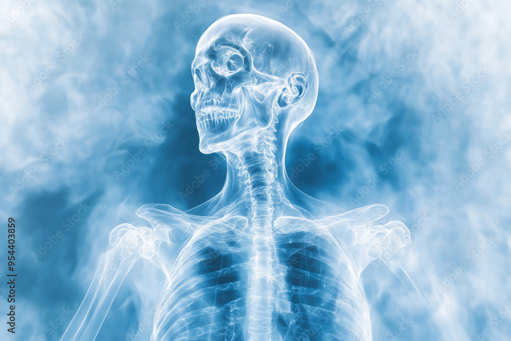 Detailed X-ray of the human upper skeleton, highlighting the skull ...