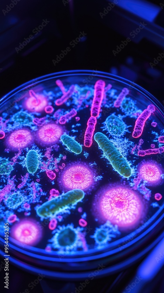 Bacteria forming a colony on a nutrient agar plate, diverse shapes and ...